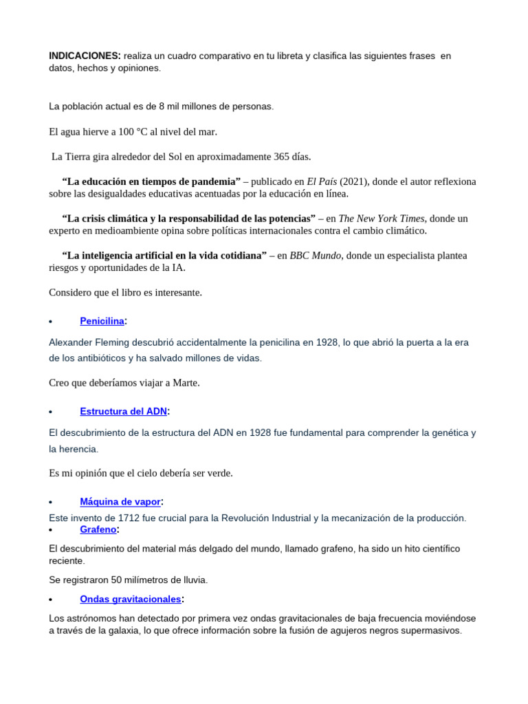 Ejemplos de Datos, Hechos y Opiniones | PDF