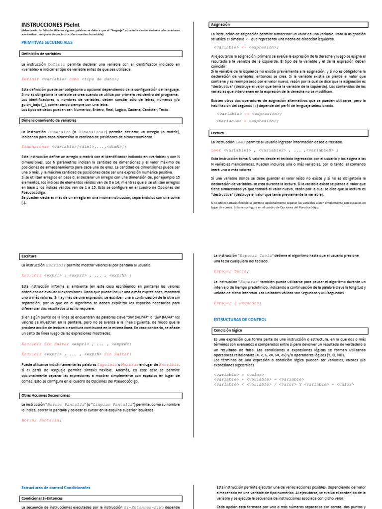 3_Fichas Instruccciones PSeInt | PDF | Lenguaje de programación ...