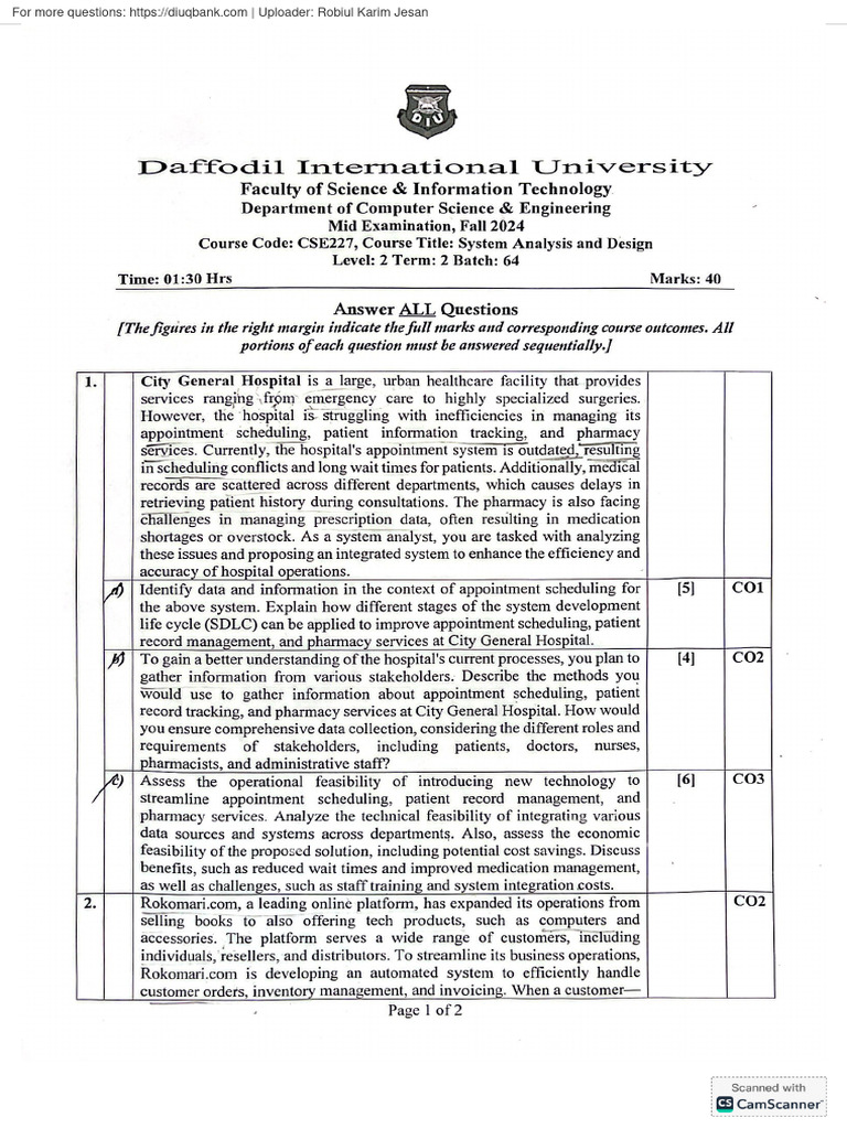 System Analysis and Design (CSE), Fall 24, Mid Watermarked | PDF