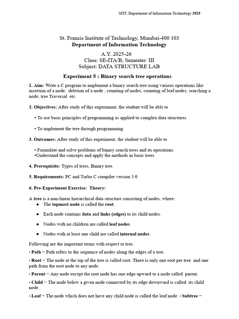 EXP 5 Binary Search Tree Writeup | PDF | Algorithms And Data Structures