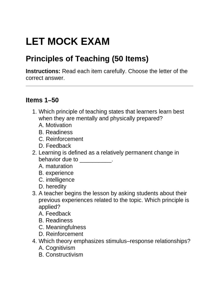 Let Mock Exam Principles of Teaching | PDF | Learning | Motivational