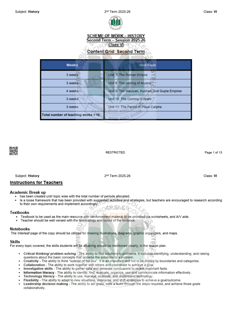 History Curriculum for Class VI Term 2 | PDF | Teachers | Vedas