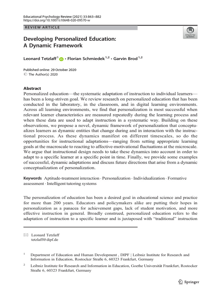 Developing Personalized Education: A Dynamic Framework: Leonard ...
