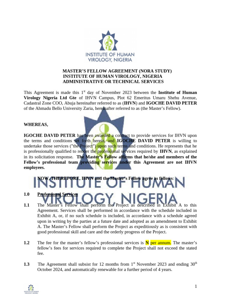 Master's Fellow Agreement for NORA Study | PDF | Indemnity | Private Law