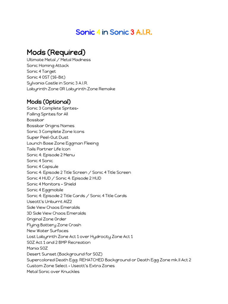 Sonic 3 A.I.R. Mods and Unlocks Guide | PDF