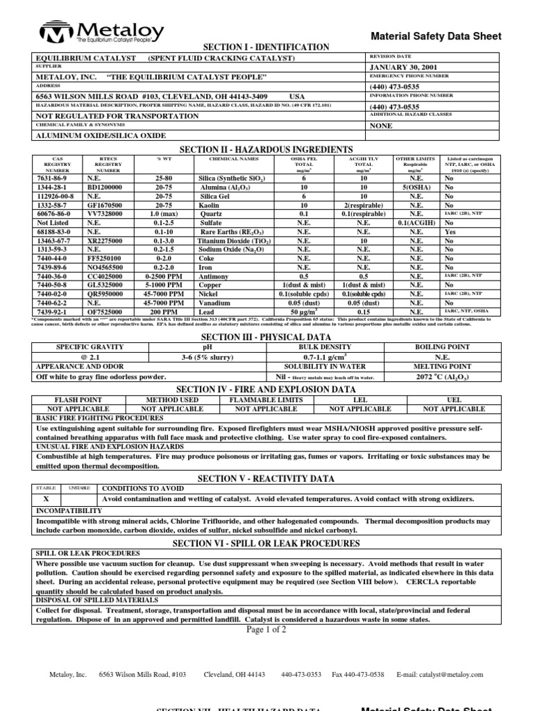 FCC Catalyst MSDS Overview | PDF | Silicon Dioxide | Hypothermia