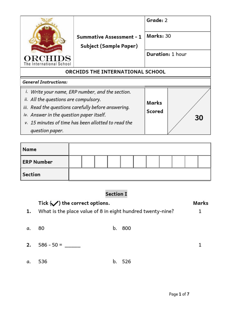 SA1 T1 Grade 2 Mathematics QP Sample Paper | PDF | Chess Openings | Chess Theory