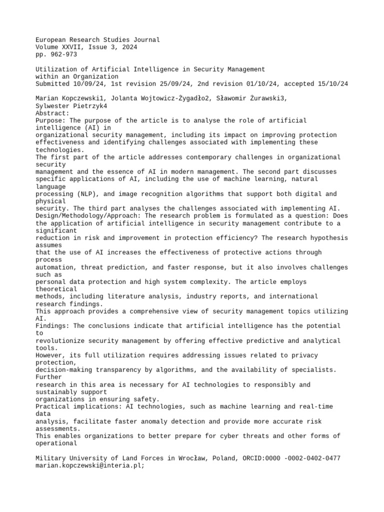 Utilization of Artificial Intelligence in Security Management Within an Organization (1) | PDF ...