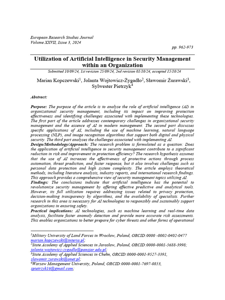 Utilization of Artificial Intelligence in Security Management Within an Organization (1) | PDF ...