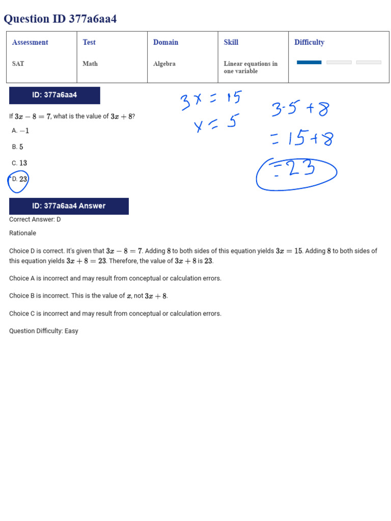 SAT Algebra Linear Equations Solutions | PDF | Equations | Algebra