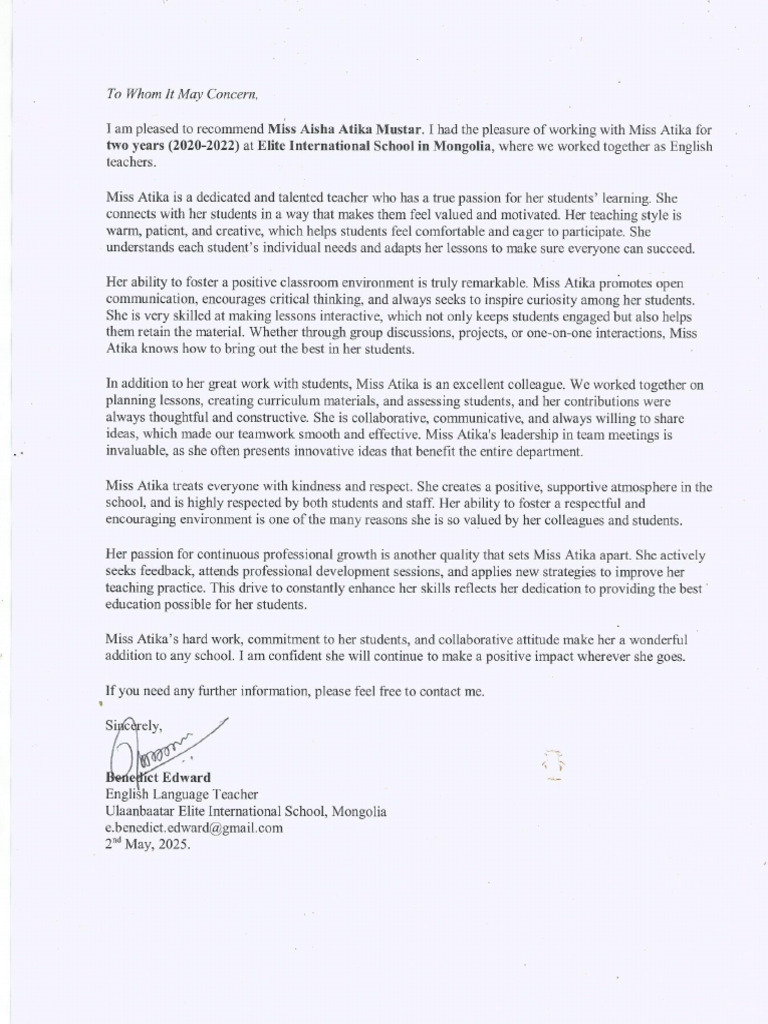 Reference Letter - Benedict Edward | PDF