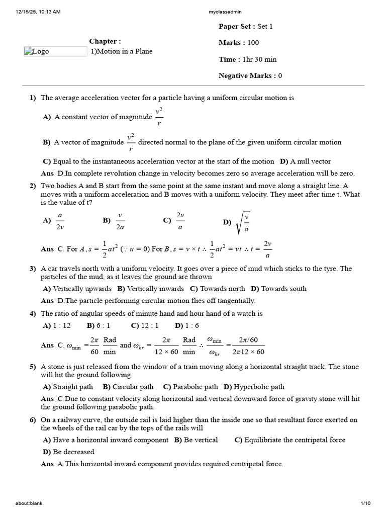 Motion in Plan Set 1 Answer Sheet | PDF | Acceleration | Velocity