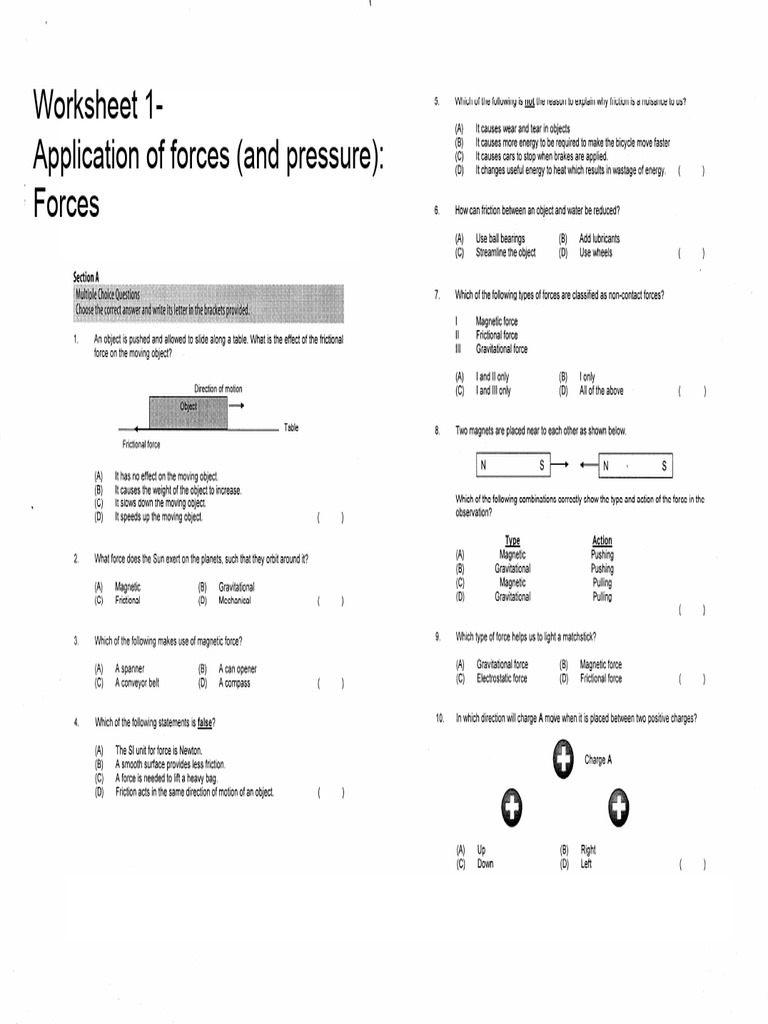 Worksheet 1 - Application of Forces (And Pressure) - Forces | PDF