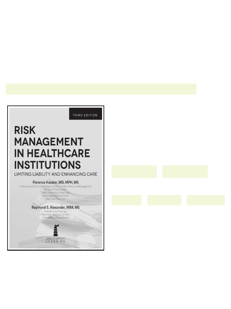 Risk Management in Health Care Institutions 3rd By Florence Kavaler ...