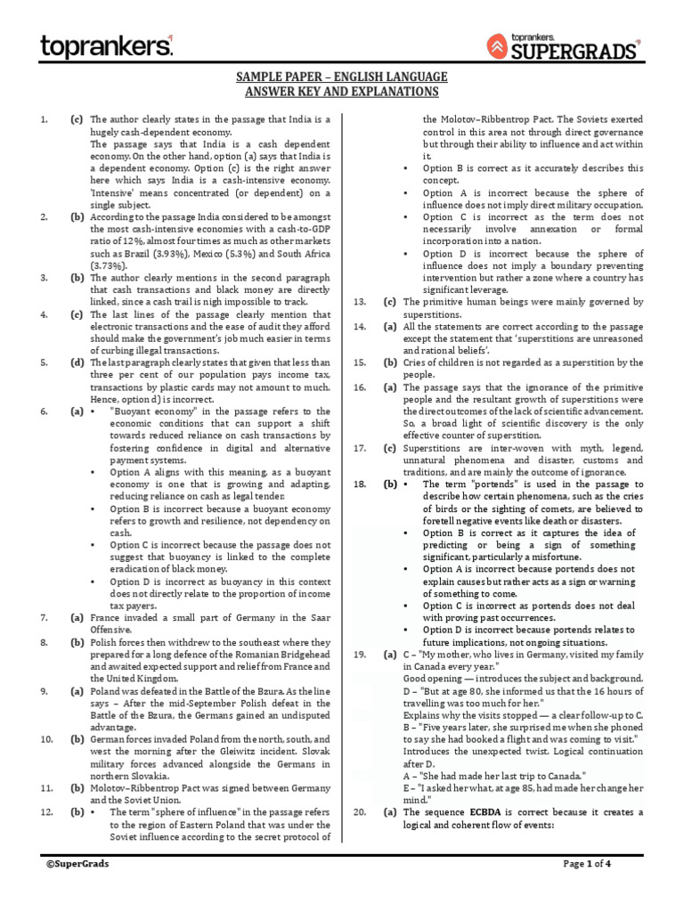 English Language Sample Paper Answer Key and Explanations 0291ae9e90443 | PDF | Adjective ...