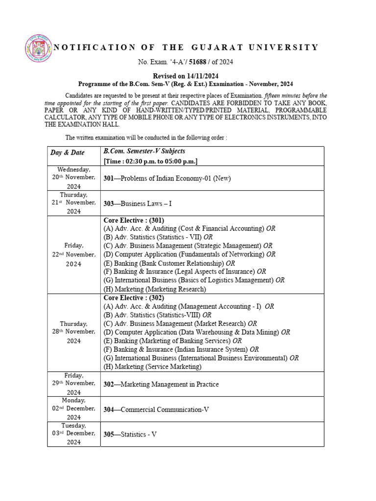 Revised B.com Sem-V Exam (Reg & Ext) Dt.20!11!2024 | PDF | Business Economics | Economies