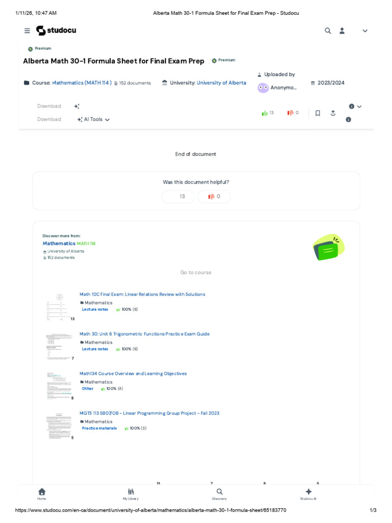Alberta Math 30-1 Formula Sheet for Final Exam Prep - Studocu | PDF | Mathematics