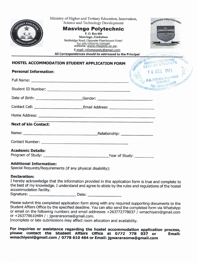 Hostel Accommodation Application Form | PDF