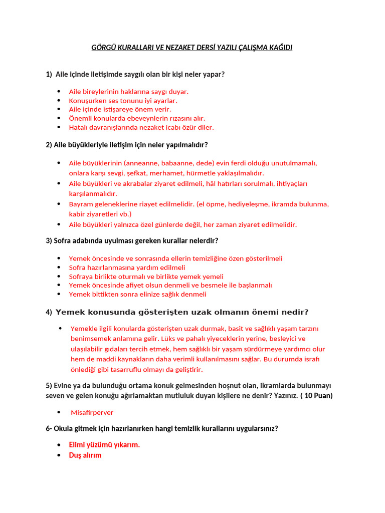 Görgü Kurallari Ve Nezaket Dersi̇ Yazili Çalişma Kağidi | PDF