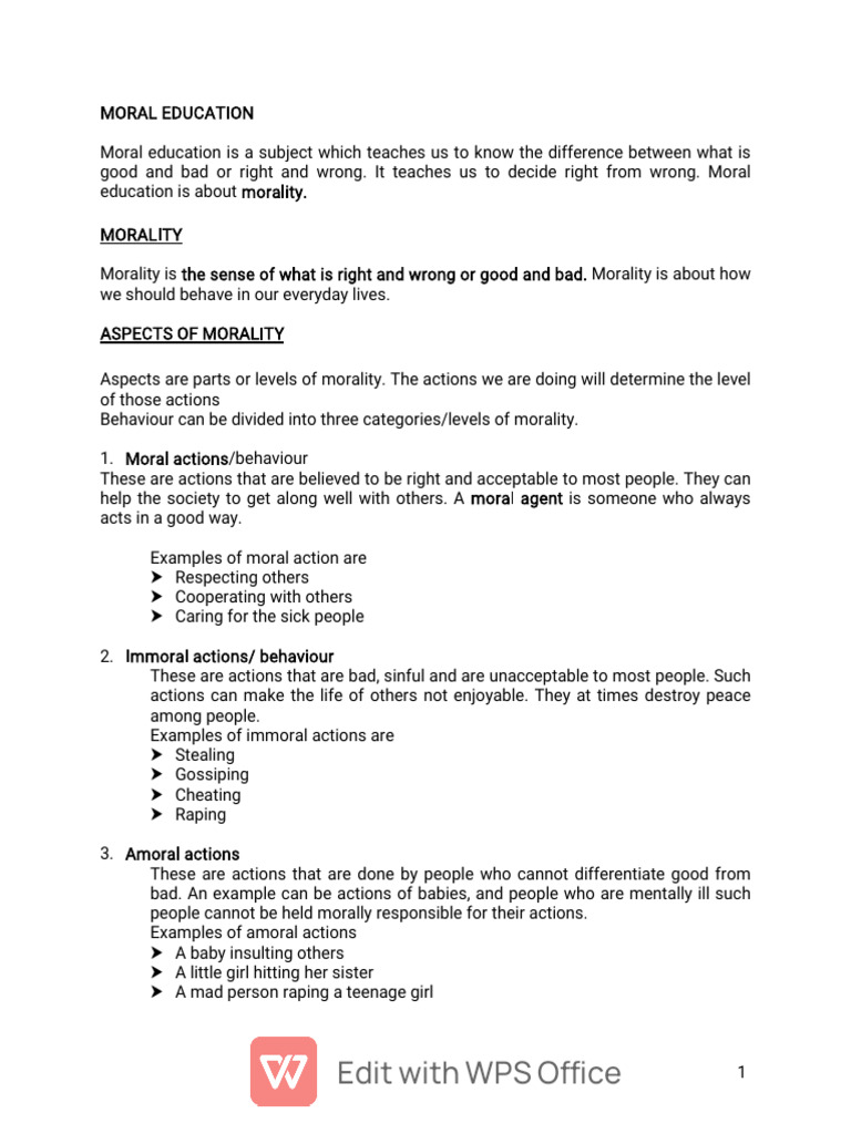 Moral Education Notes Form 1 | PDF | Self Esteem | Reason
