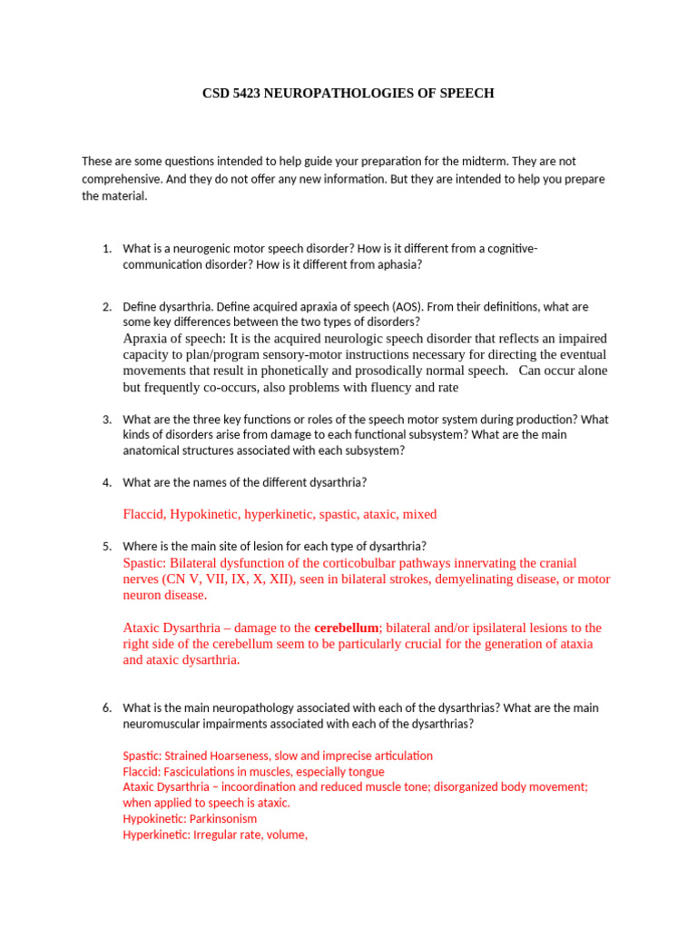 CSD 5423 Exam 1 Prep Questions | PDF | Nervous System | Neurological Disorders