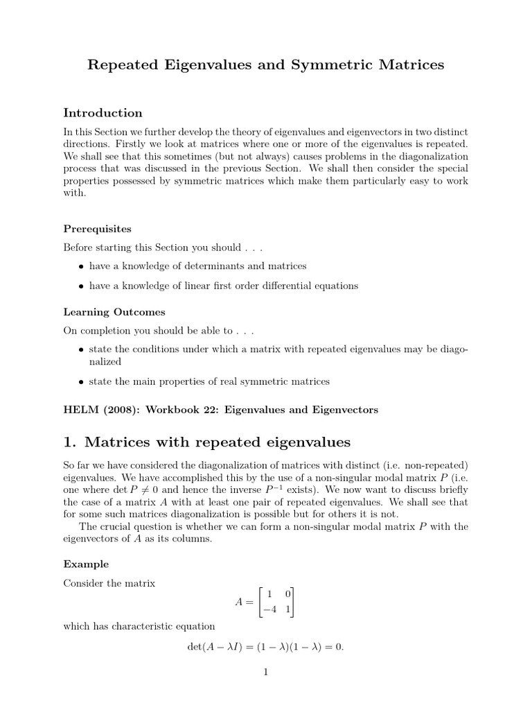 Repeated Eigenvalues in Symmetric Matrices | PDF | Eigenvalues And ...
