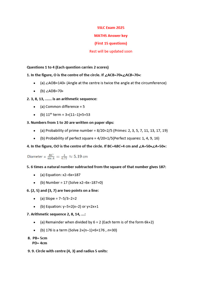 SSLC Exam 2025- MATHS Answer Key Qn 1-15 | PDF