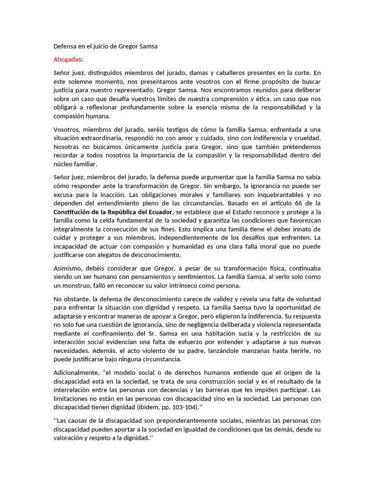 Juicio por Negligencia Familiar a Gregor Samsa | PDF | Invalidez ...