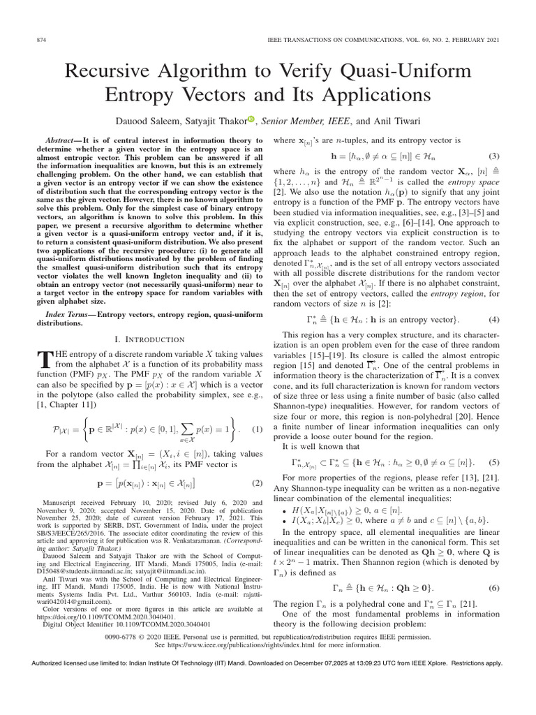 Recursive Algorithm for Entropy Vectors | PDF | Mathematics ...