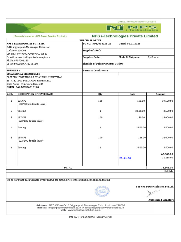 Purchase Order NPS/038/25-26 Details | PDF | Supply Chain Management ...
