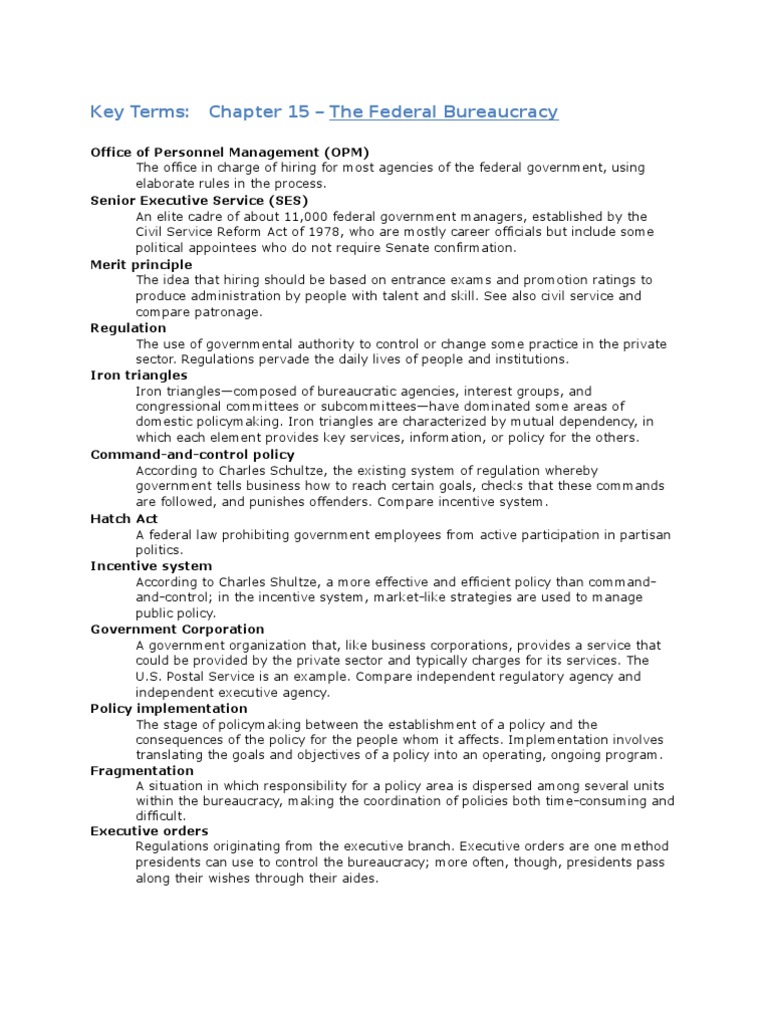 Key Terms: Chapter 15 - The Federal Bureaucracy: Office of Personnel ...