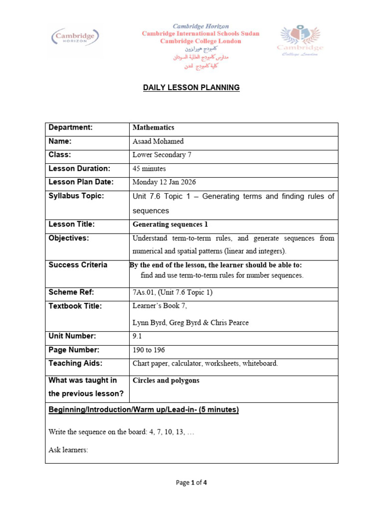 Daily Math Lesson: Generating Sequences | PDF | Education Theory ...