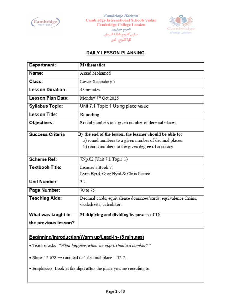 Rounding Numbers Lesson Plan | PDF | Learning | Mathematics