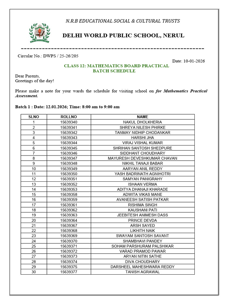 Dwps 205 Class 12 Mathematics Board Practical Schedule | PDF