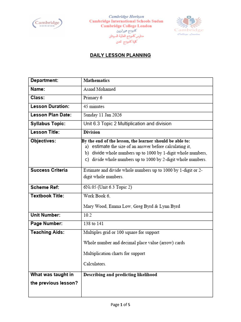 Asaad Daily Lesson Plan G6 - Term2 - 11 Jan 2026 | PDF | Learning ...