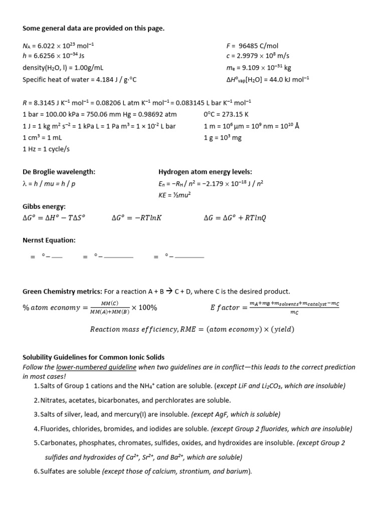 2024 - Formula Sheet and Periodic Table - 2024-10-23 | PDF | Solubility ...