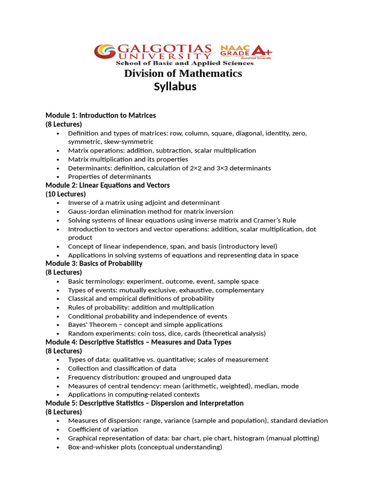 Mathematics For Computing Syllabus Pdf