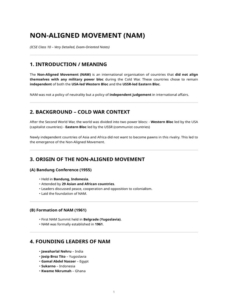 Non-Aligned Movement: ICSE Exam Notes | PDF | Non Aligned Movement ...