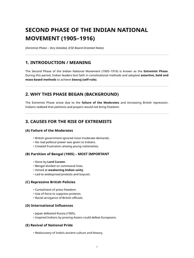 Extremist Phase of Indian National Movement | PDF | Indian Independence ...