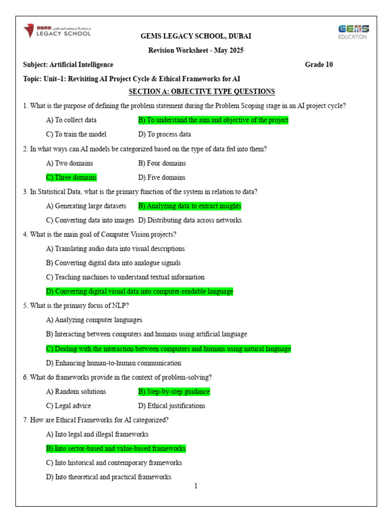 Grade 10 AI Solved Revision Sheet PT1 Unit 1 May 2025 | PDF ...