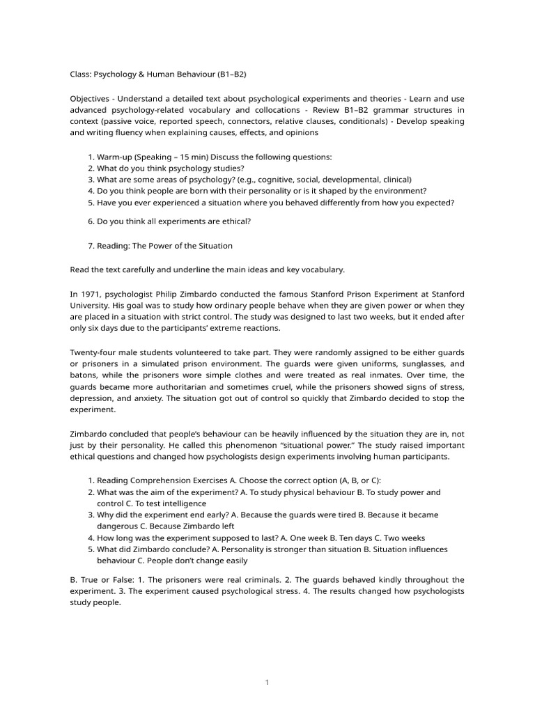 Psychology Class B1b2 | PDF | Psychology | Psychological Concepts