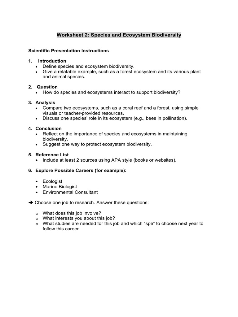 Worksheet 2- Species and Ecosystem Biodiversity | PDF