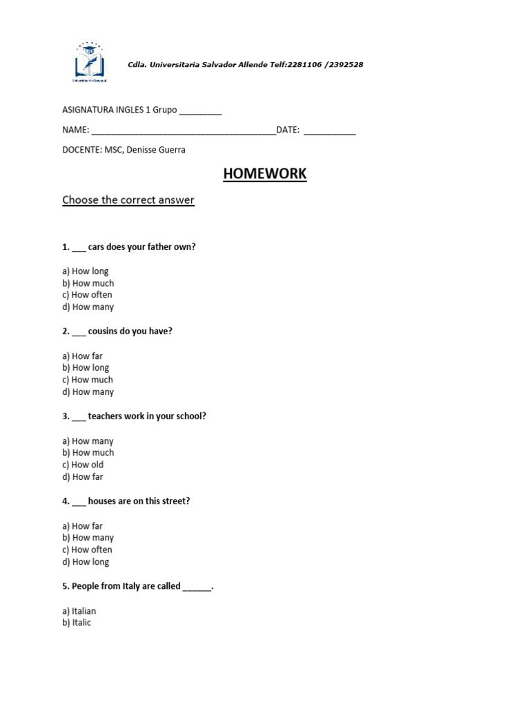 Classwork Unit 2 Ingles 1 (1) | PDF