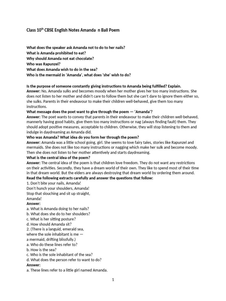 Class 10th CBSE English Notes Amanda N Ball Poem | PDF | Grief