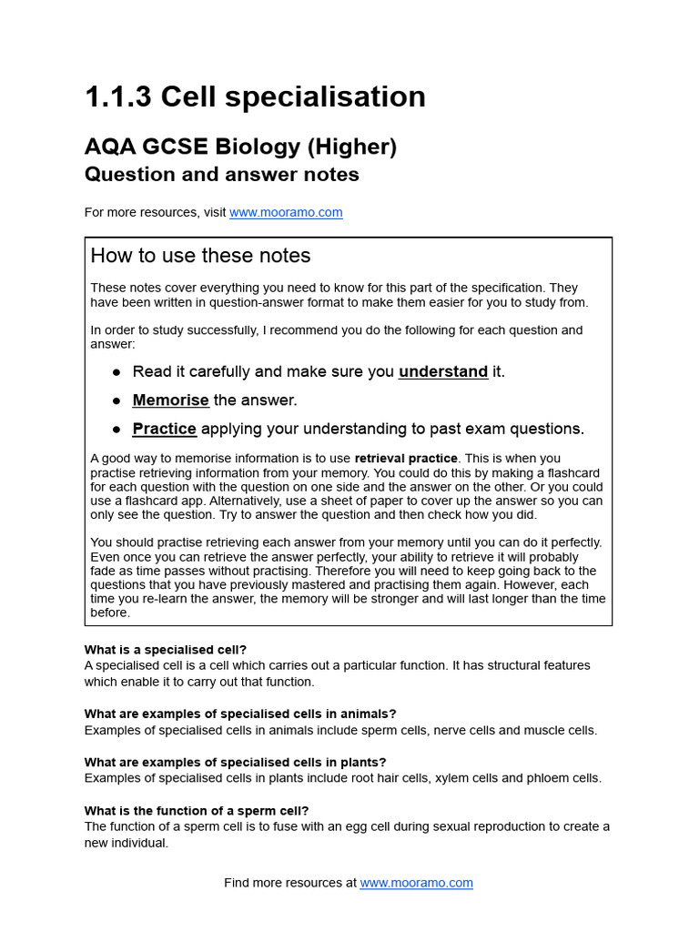 1.1.3 Cell Specialisation - AQA GCSE Biology Question and Answer Notes ...