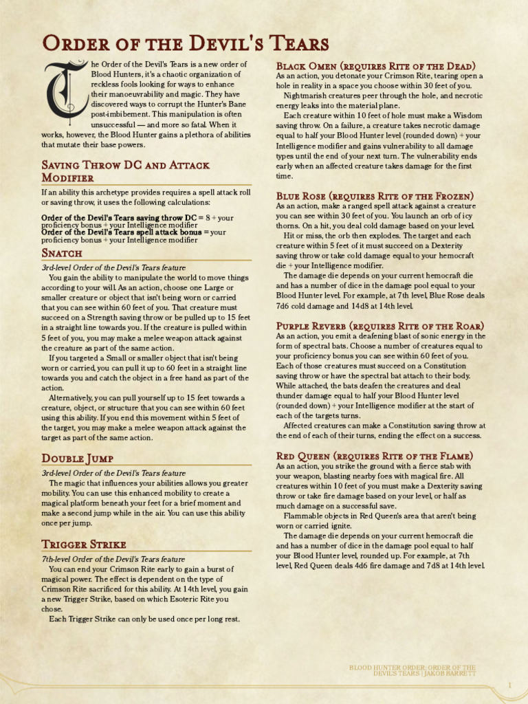 Blood Hunter Order Order of the Devil s Tears | PDF