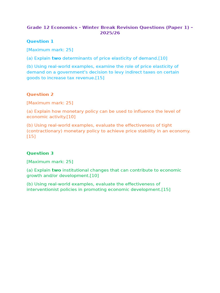 Grade 12 Economics Revision Questions | PDF