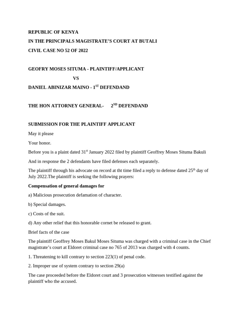 Malicious Prosecution Case in Kenya | PDF | Prosecutor | Lawsuit
