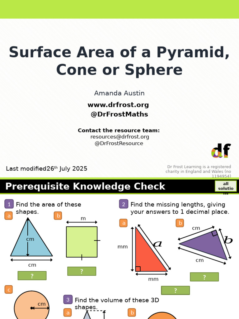 Surface Area of a Pyramid Cone or Sphere - Lesson | PDF | Area | Sphere