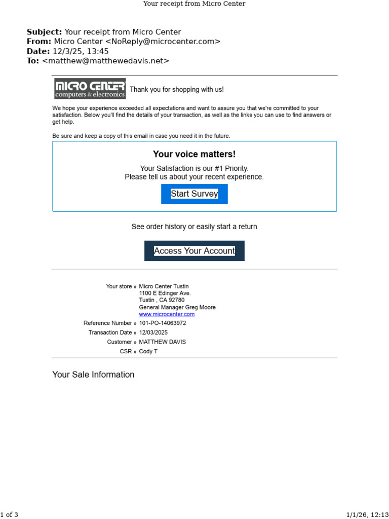Micro Center Purchase Receipt Details | PDF | Receipt | Business